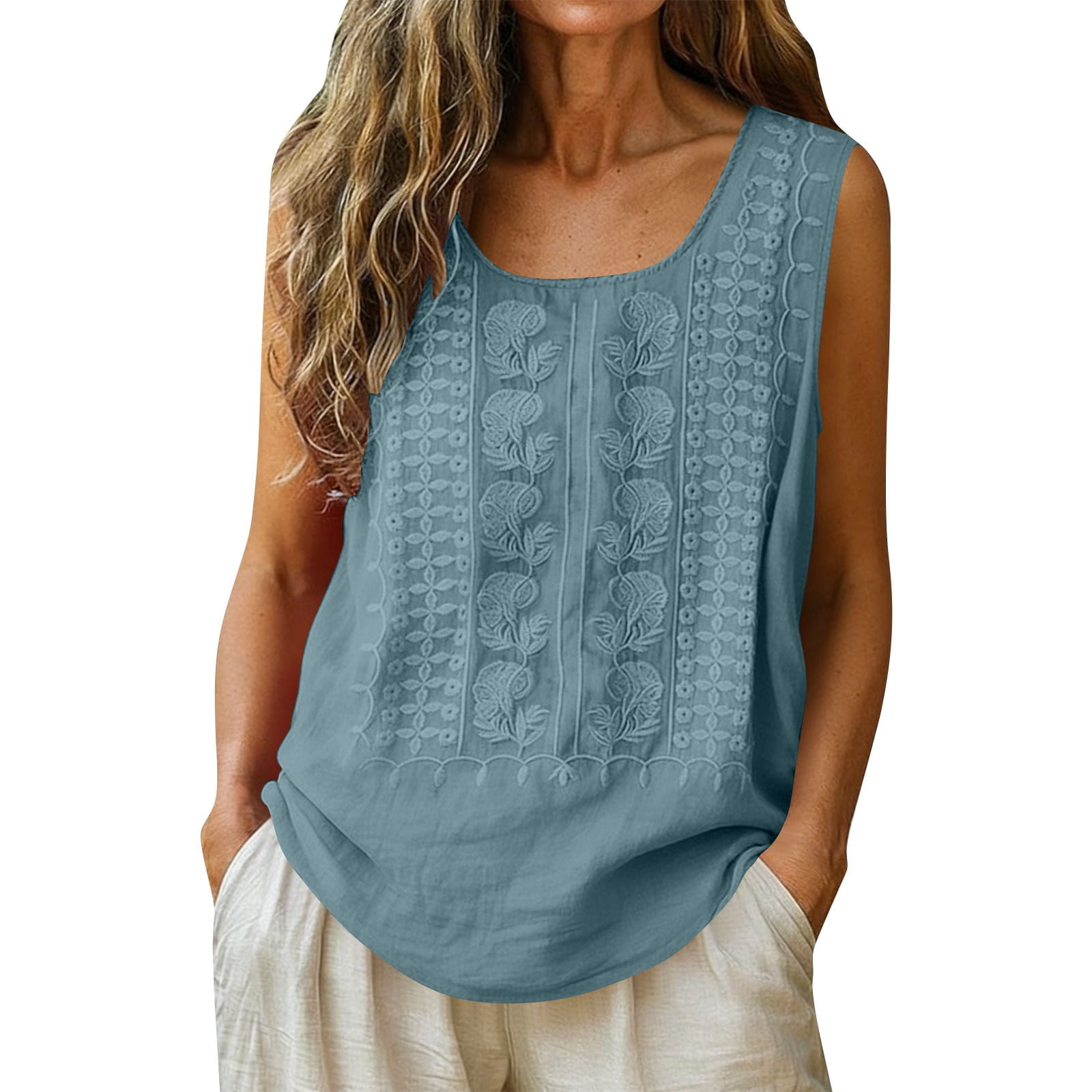BUIGTTKLOP Womens Cotton Linen Tank Tops Boho Wide Strap Sleeveless ...