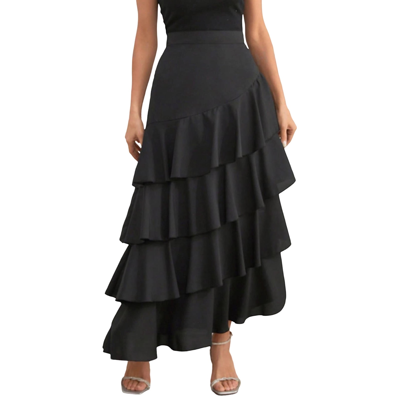 BUIGTTKLOP Womens Long Skirt High Waisted Ruffle Hem Tiered Layered ...