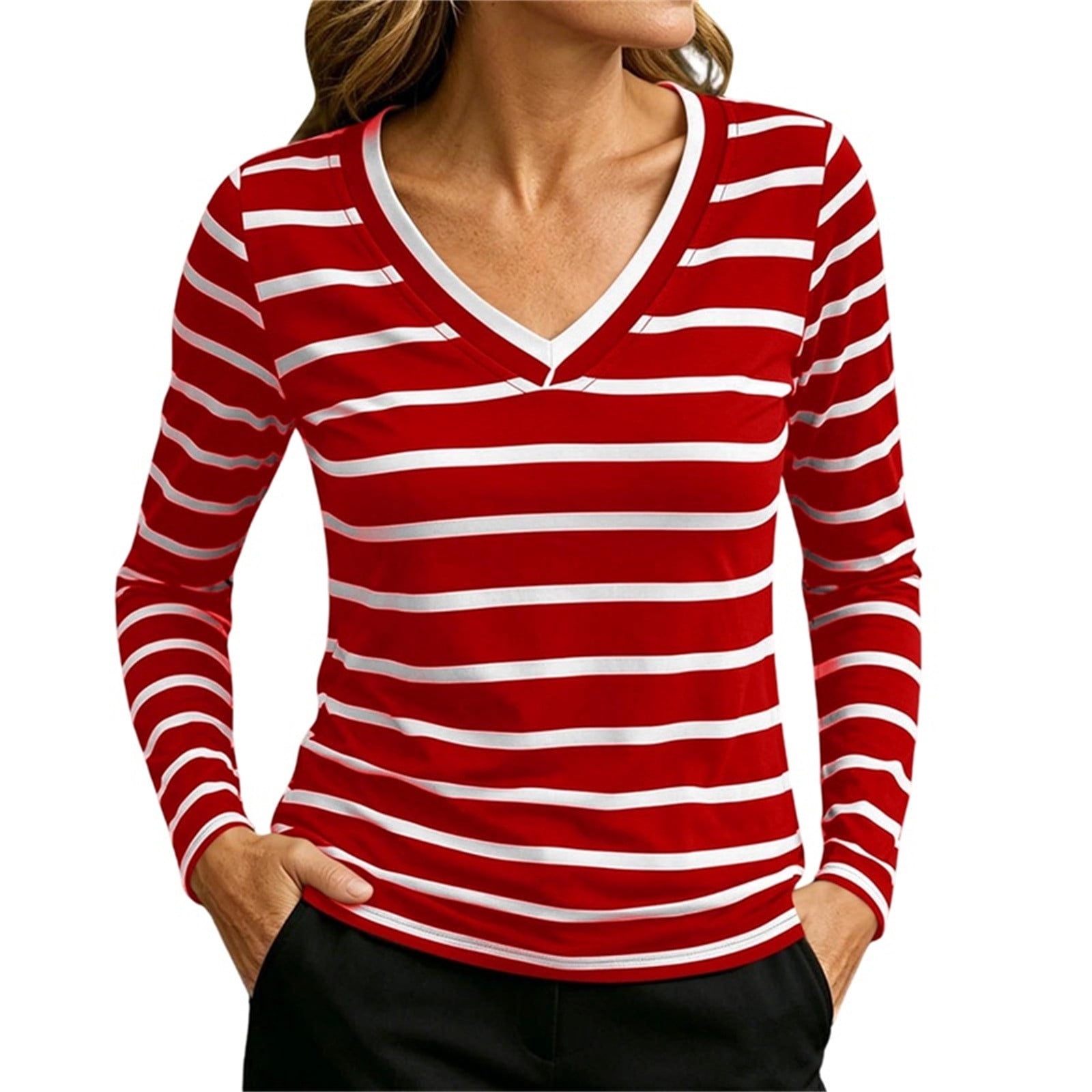 BUIGTTKLOP Womens Long Sleeve Tops Striped V Neck Top Slim Fitted Basic ...
