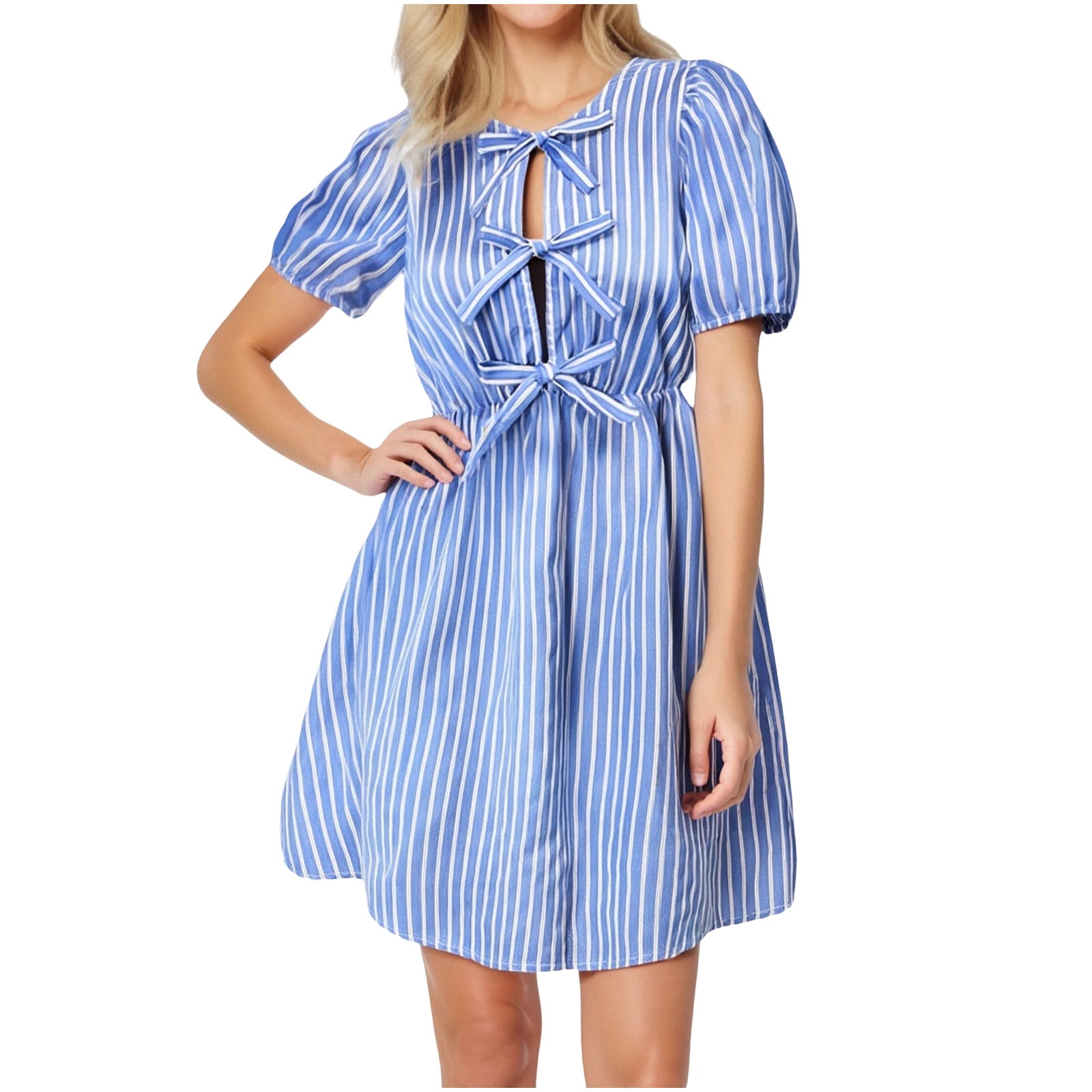 BUIGTTKLOP Womens Summer Casual Puff Sleeve Mini Dress Bowknot A-Line ...