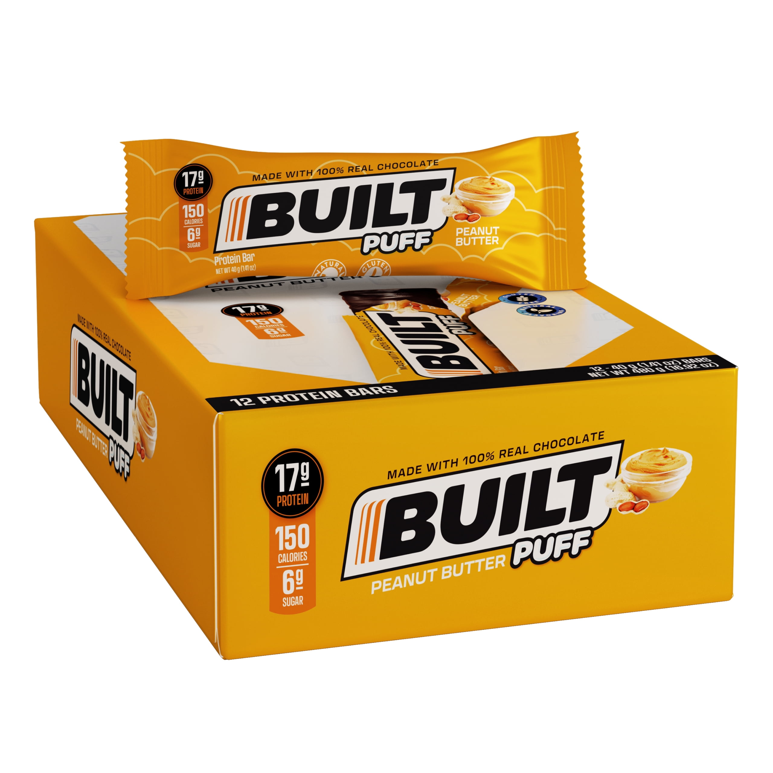 BUILT Bar Puff Protein Bar with 17g High Protein and Collagen, Gluten-Free, Peanut Butter Puff ...