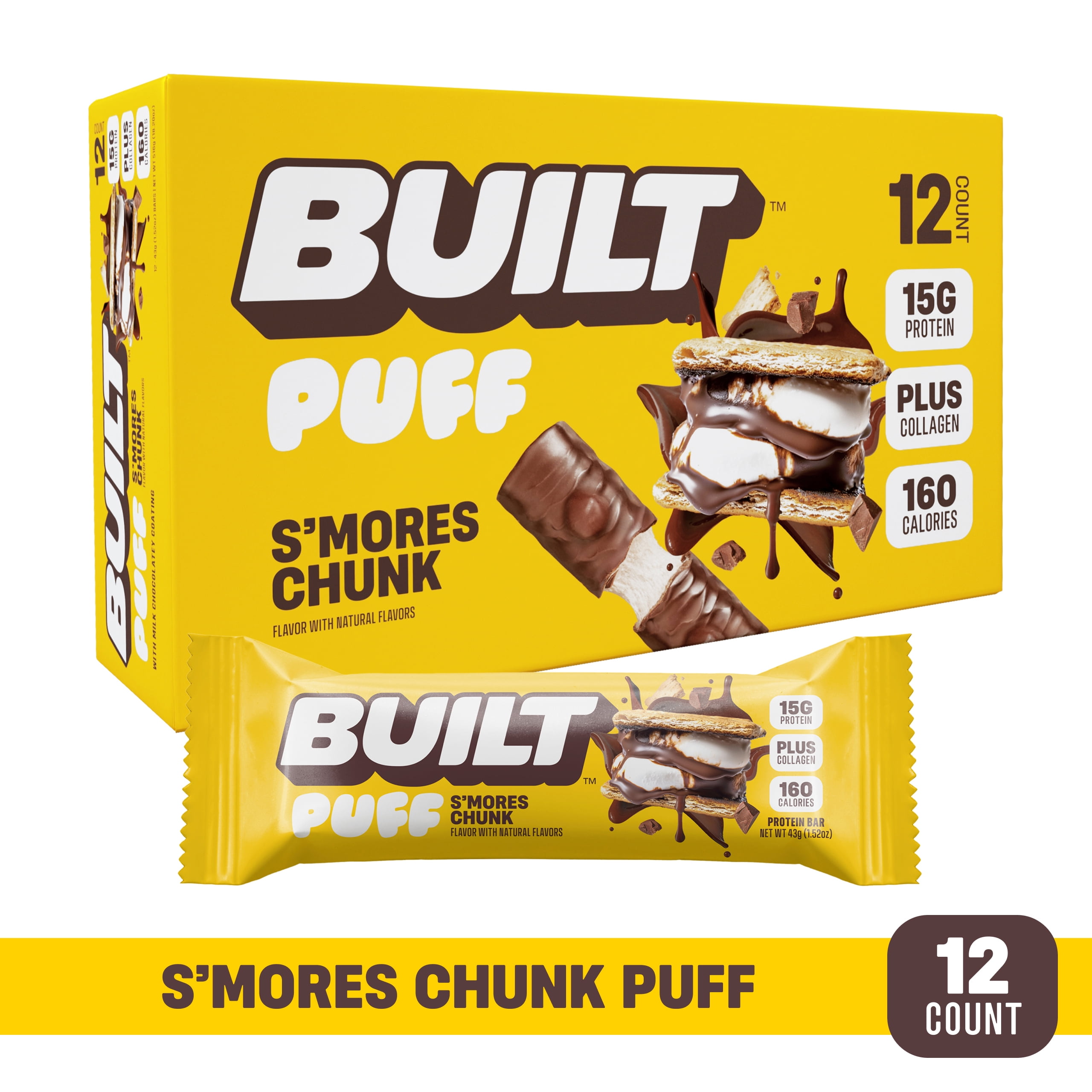 BUILT Bar, Puff Protein Bars, S'mores Chunk, High Protein, Collagen ...