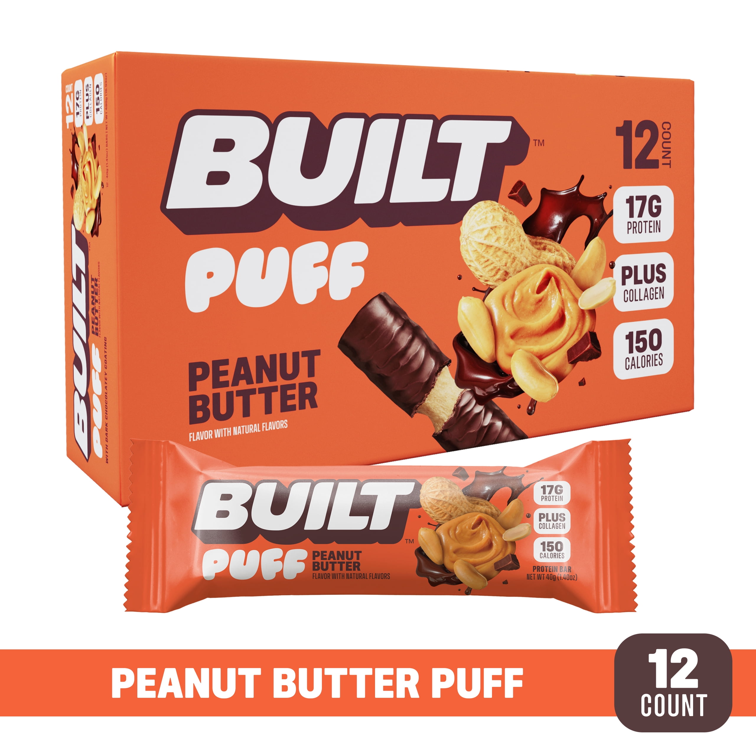 Built Bar, Peanut Butter Puff Protein Bars, 12 Count, High Protein Snack with Collagen - Walmart.com