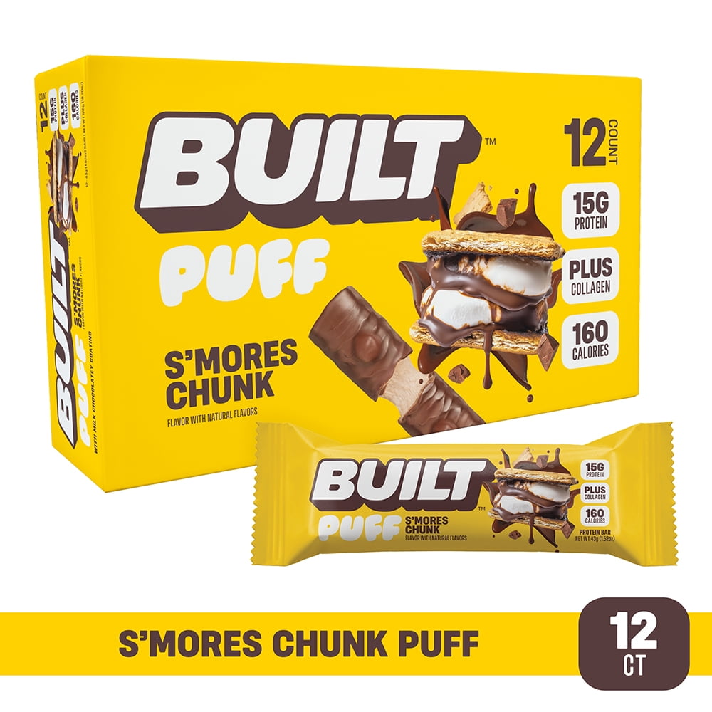 BUILT Chocolate Protein Puff Bar, S'mores Chunk, 17g Protein, Collagen ...