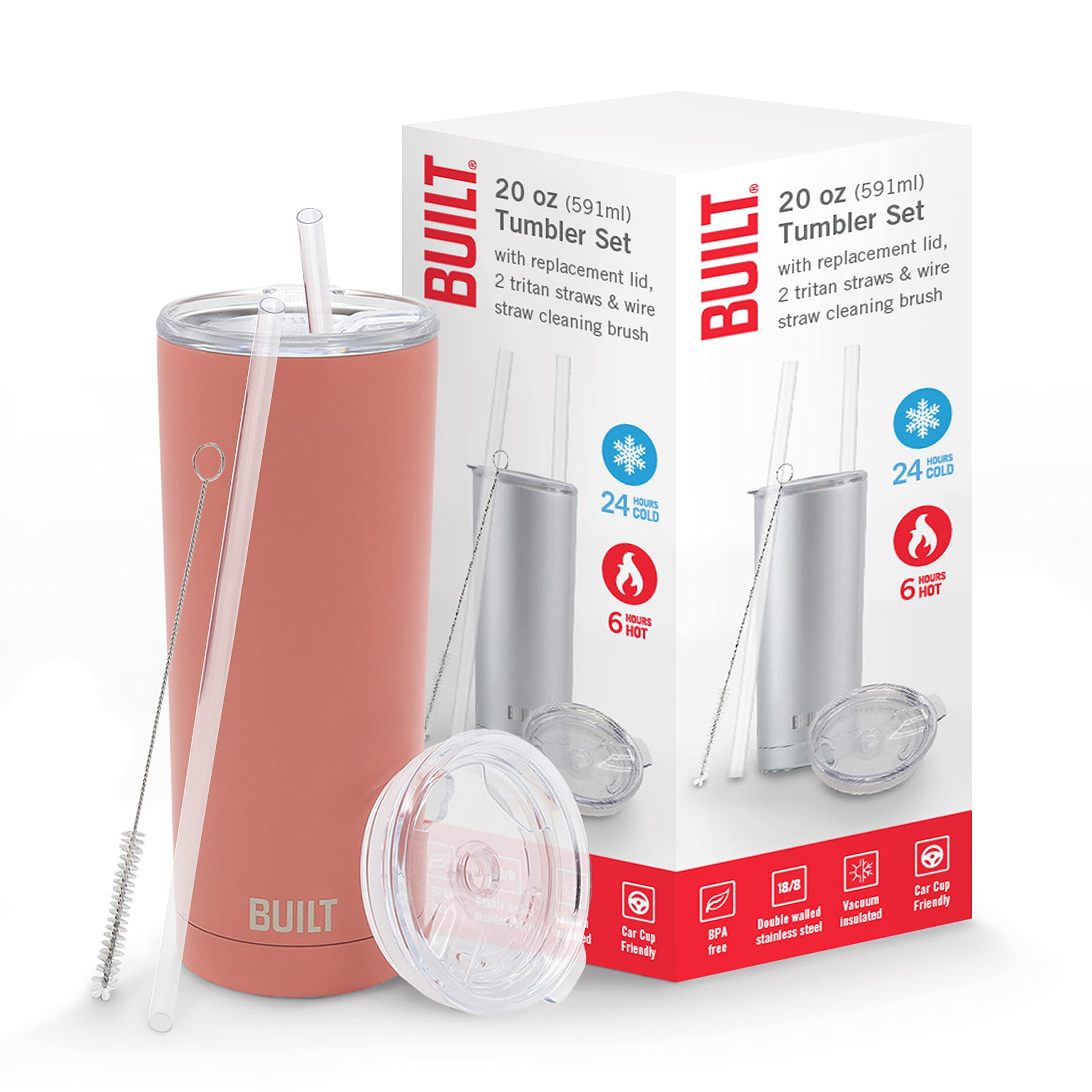 BUILT Double Walled Stainless Steel Tumbler Set with Replacement Lid, 2 ...