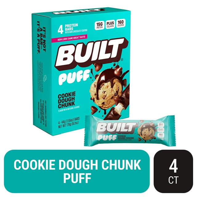 BUILT Bar Protein Bar, Cookie Dough Chunk Puff, 15g Protein, Collagen, 4 Count Box, 1.55 oz Bars ...