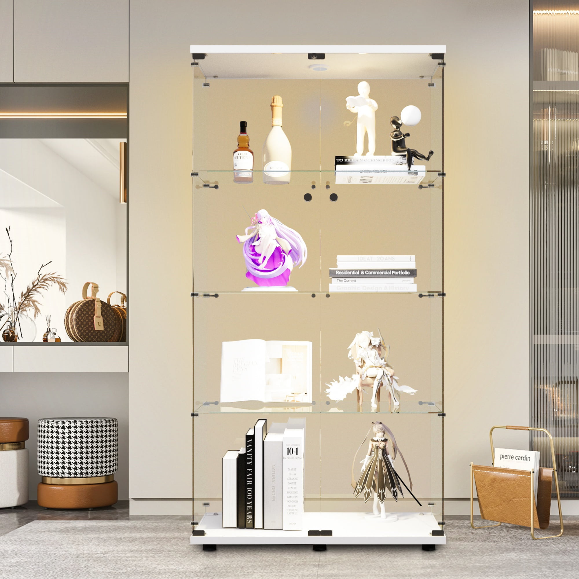 BUIORD 65" Glass Display Cabinet with LED Lights, 4 Tier Curio Cabinet ...