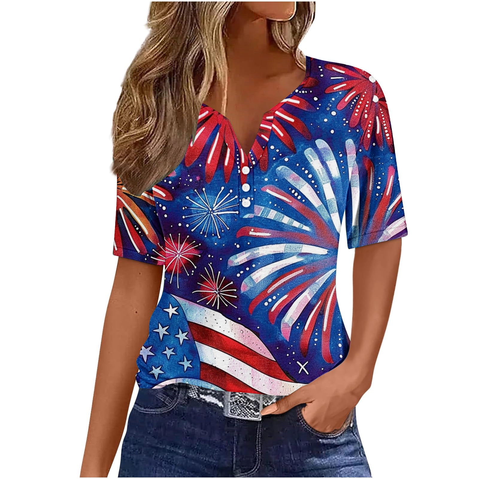 BUIgtTklOP American Flag T-Shirt for Women Summer Button Up Casual ...