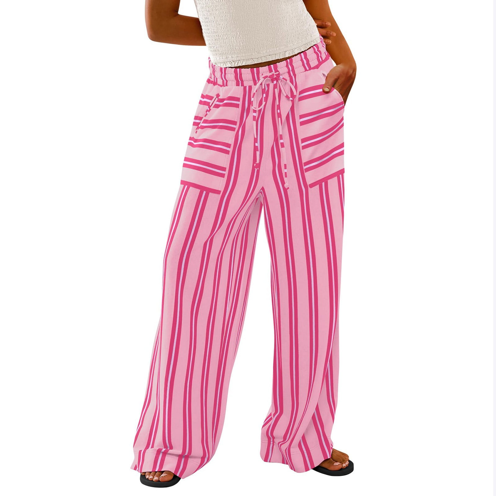 Buigttklop Pants for Women 2024 Women Drawstring Striped Pants Loose ...