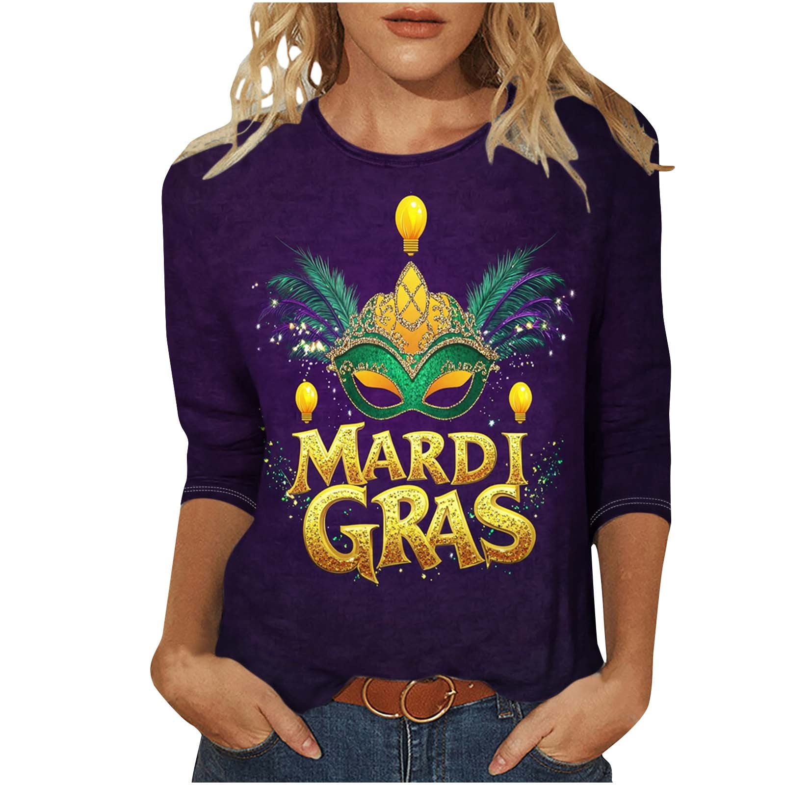 Buigttklop Mardi Gras Shirts for Women 3/4 Sleeve Dressy Tunic Tops ...