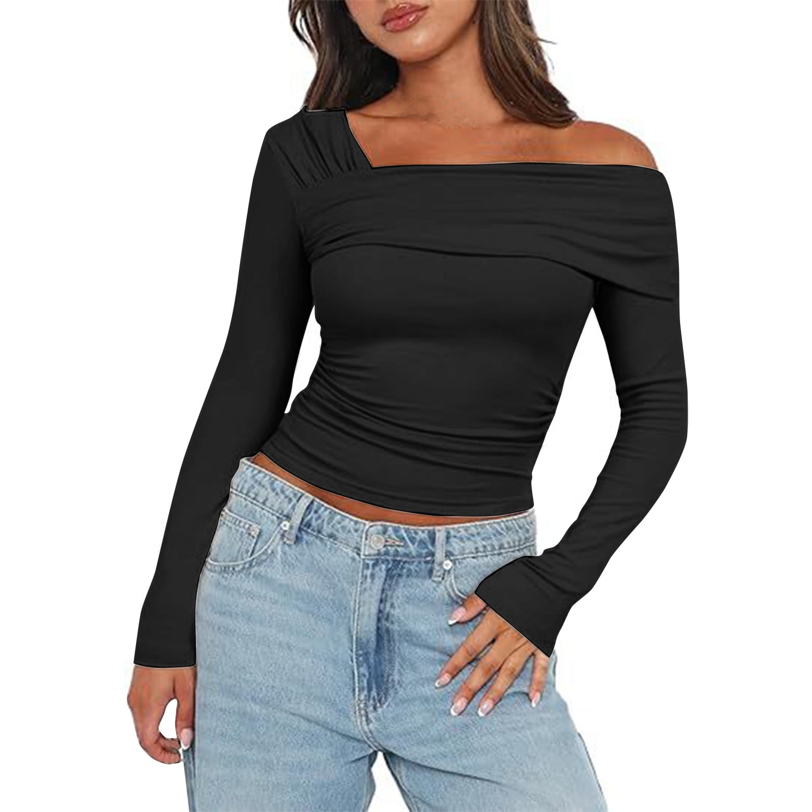 BUIgtTklOP Women's One Off Shoulder Long Sleeve Top Ruched Going Out ...
