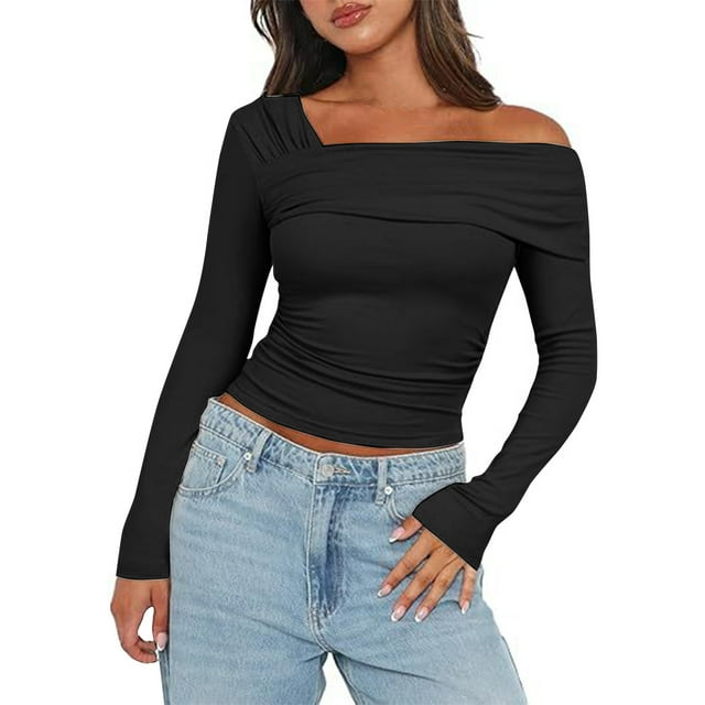 BUIgtTklOP Women's One Off Shoulder Long Sleeve Top Ruched Going Out ...