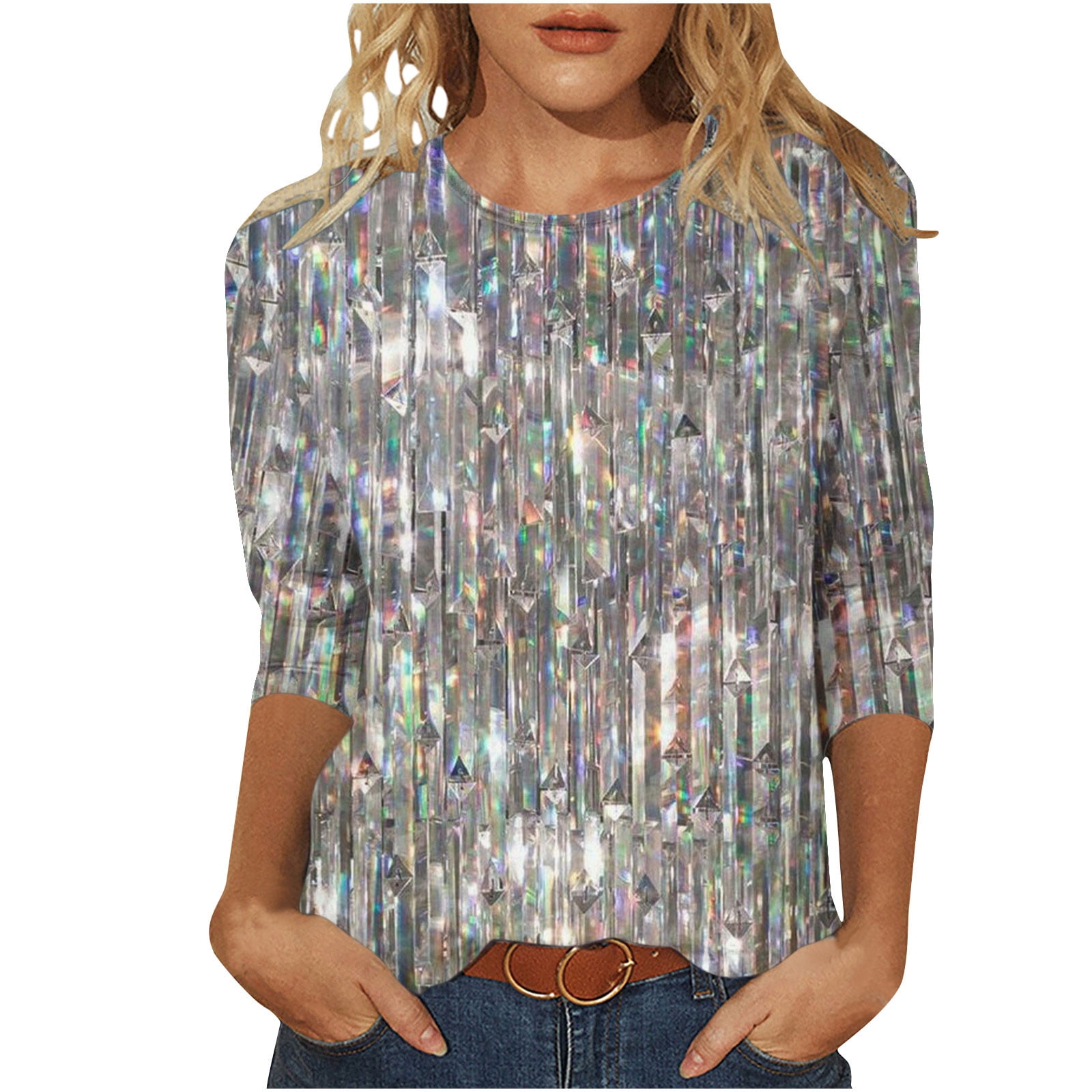 BUIgtTklOP Women's Seven-Point Sleeve Comfortable Casual Print Crew ...