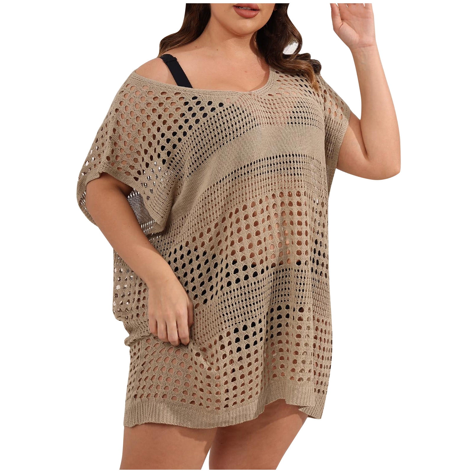 BUIgtTklOP Women's Solid Color Short Sleeved Beach Dress With Patchwork Hollowed Out Oversized ...