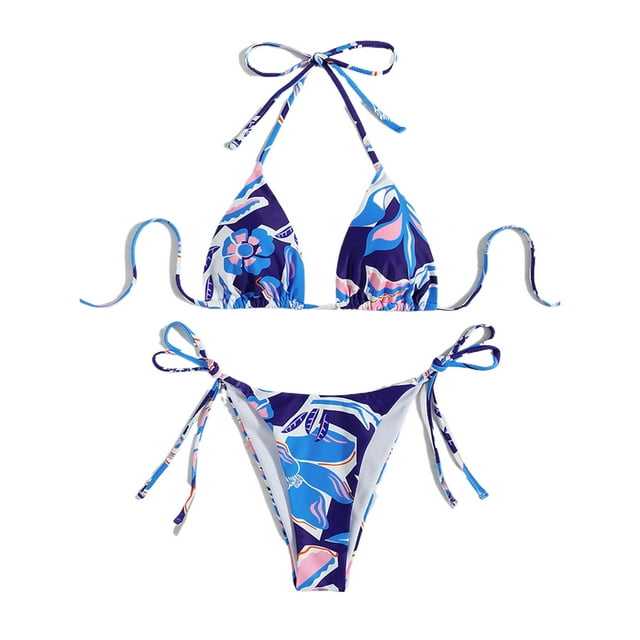BUIgtTklOP Women's Triangle Bikini Floral Print Tie Side Bandeau Halter ...