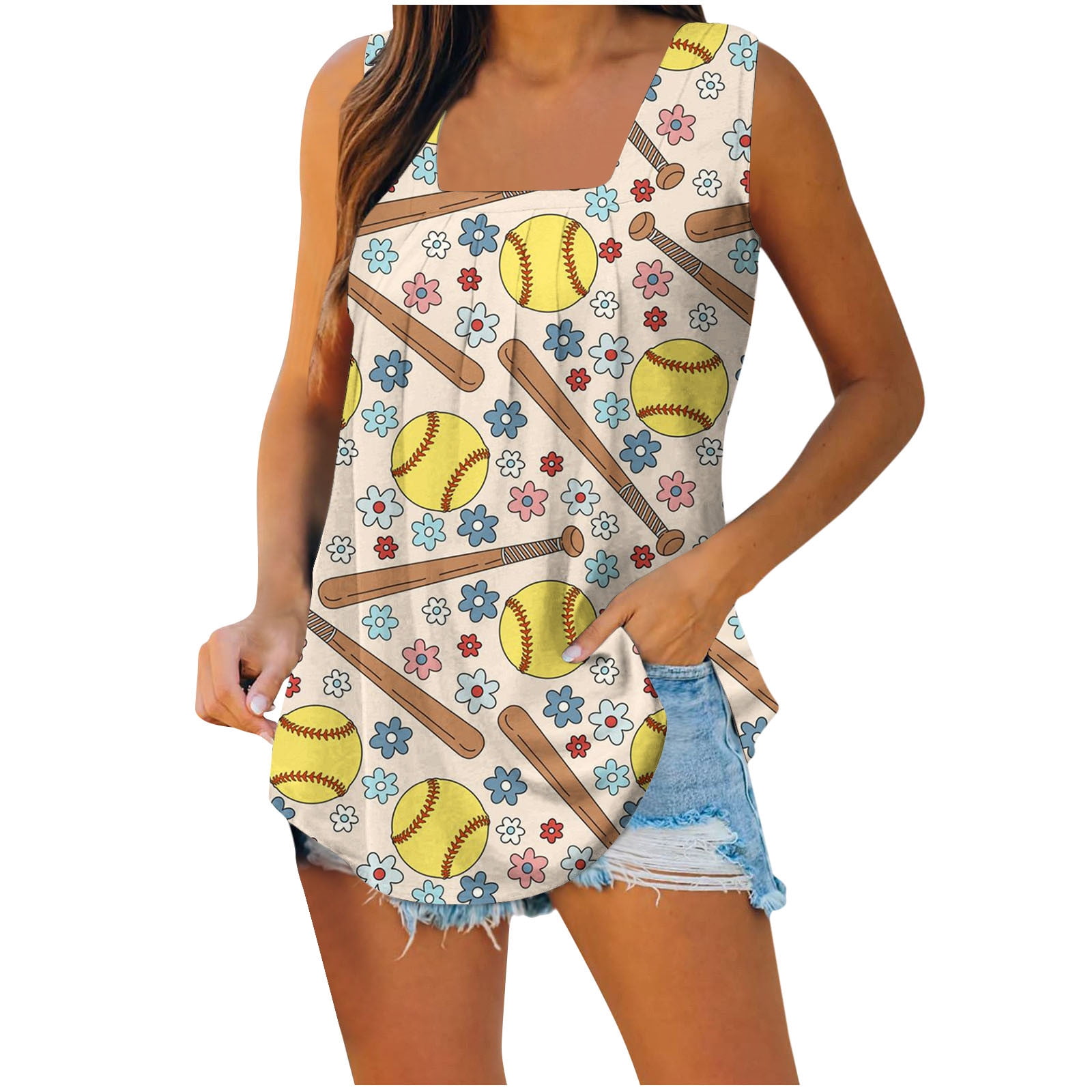 Buigttklop Summer Tank Tops for Women Sleeveless Square Neck Beach ...