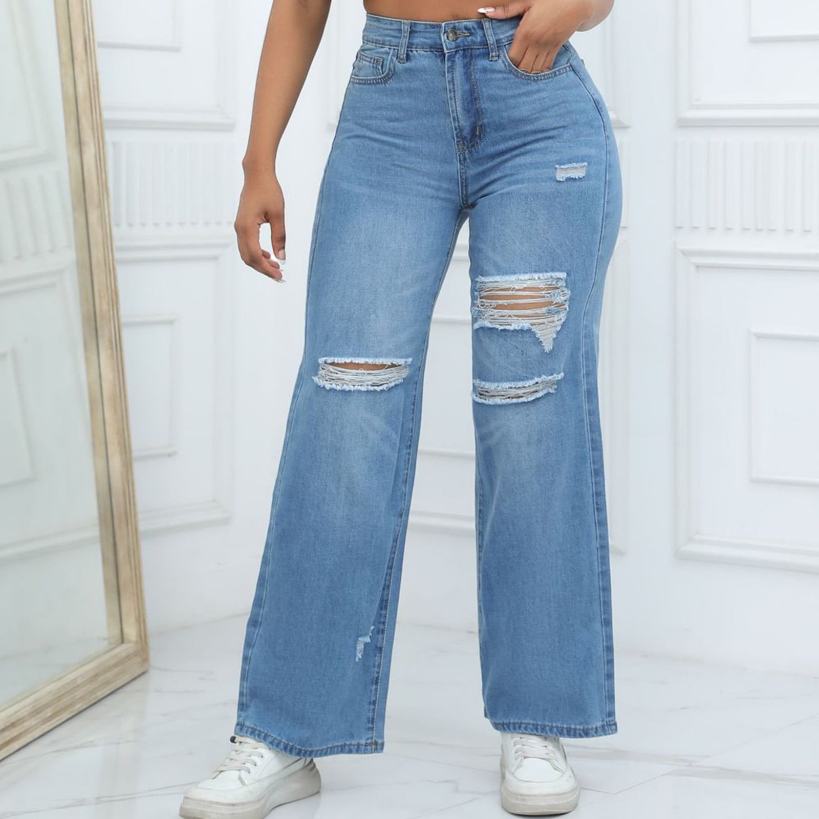 Buigttklop Women Stretchy Distressed Wide Leg Jeans Ripped Mom Baggy ...