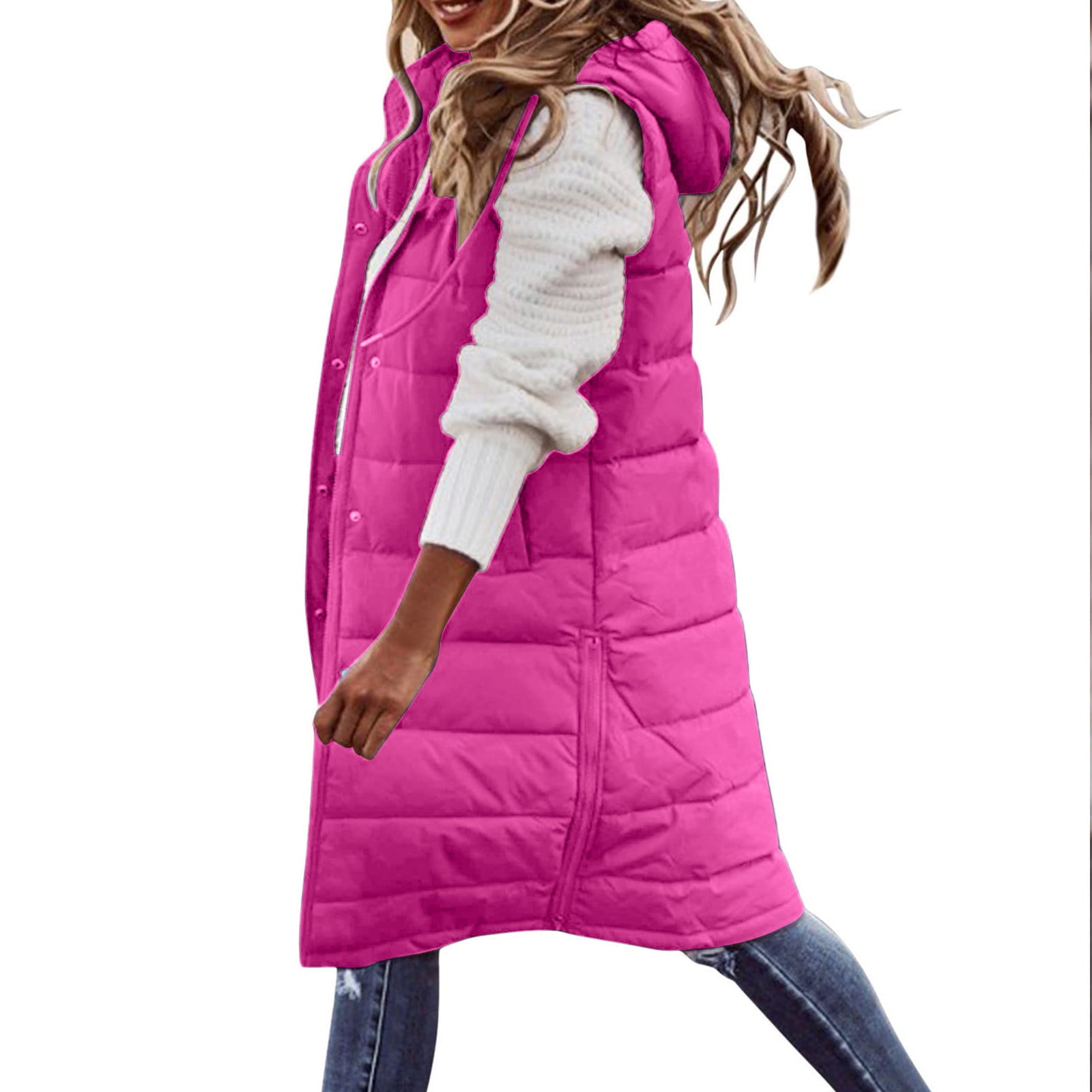 BUIgtTklOP Women Warm Pocket Hooded Coat Long Jacket Winter Sleeveless ...