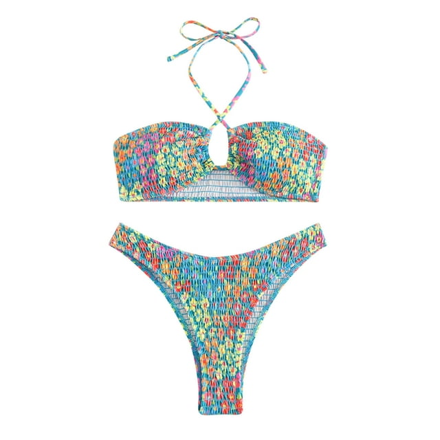 BUIgtTklOP Women's Triangle Bikini String Swimsuit Print Tie Smocked ...