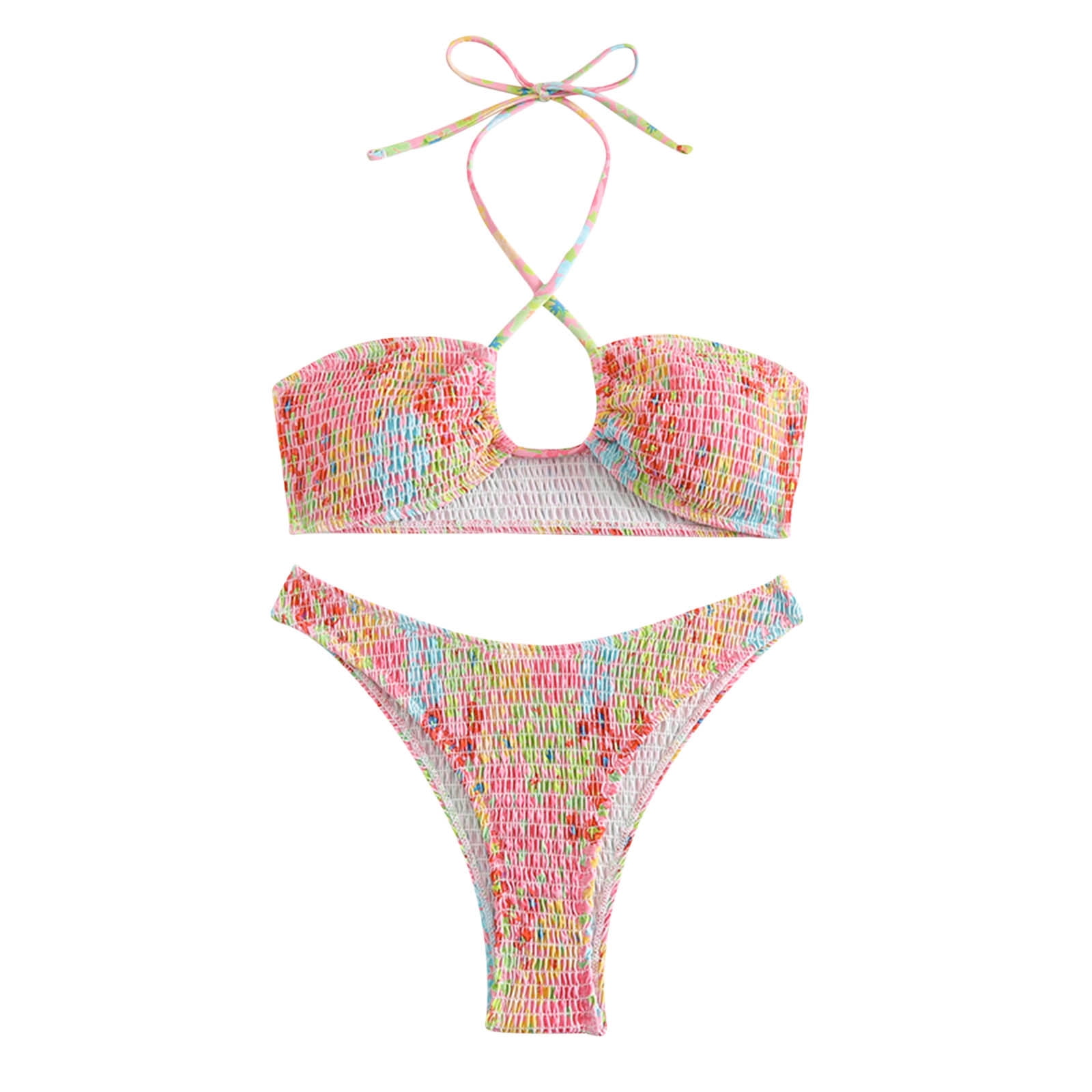 Buigttklop Womens Triangle Bikini String Swimsuit Print Tie Smocked