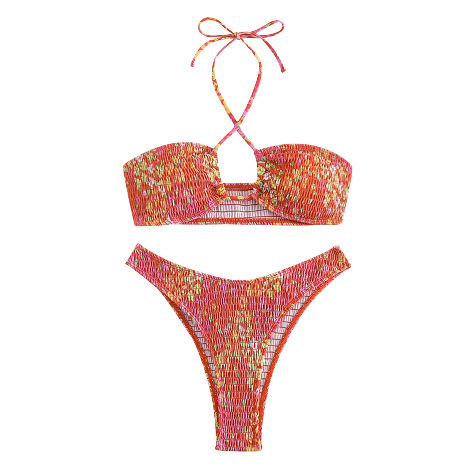 Buigttklop Womens Triangle Bikini String Swimsuit Print Tie Smocked