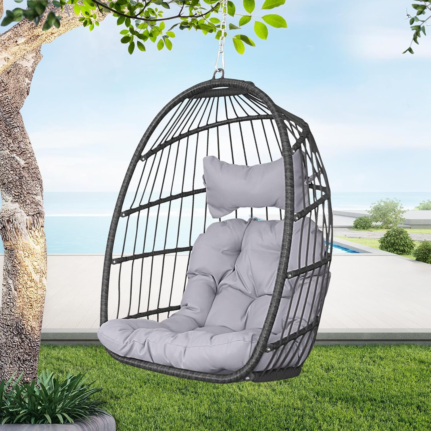 BULEXYARD Hanging Egg Chair Without Stand 350lbs Capacity, Grey Wicker ...
