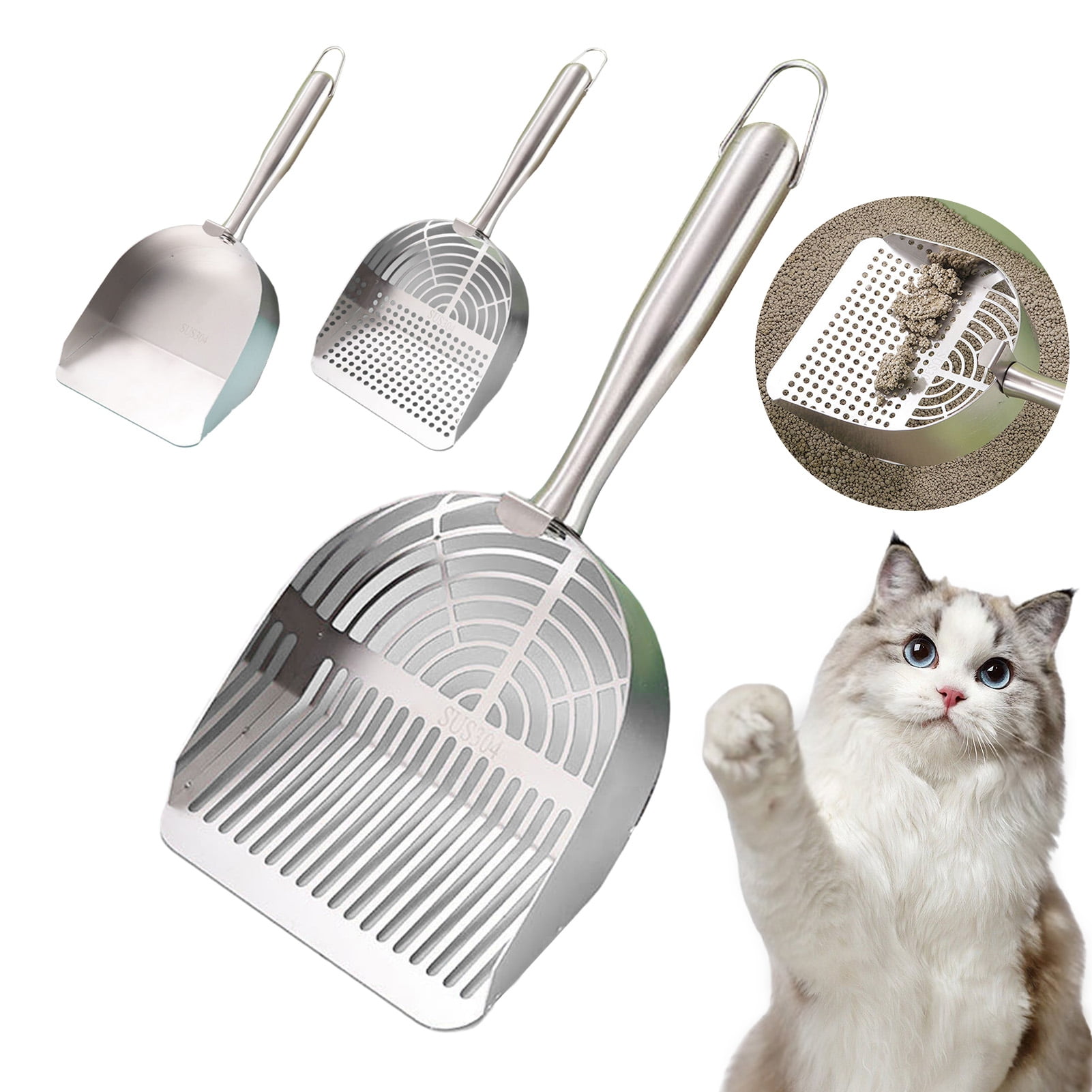 BULLPAW Cat Litter Shovel Ergonomic Grip Long Handle Sifting Spoon for Kitty Waste Portable ...