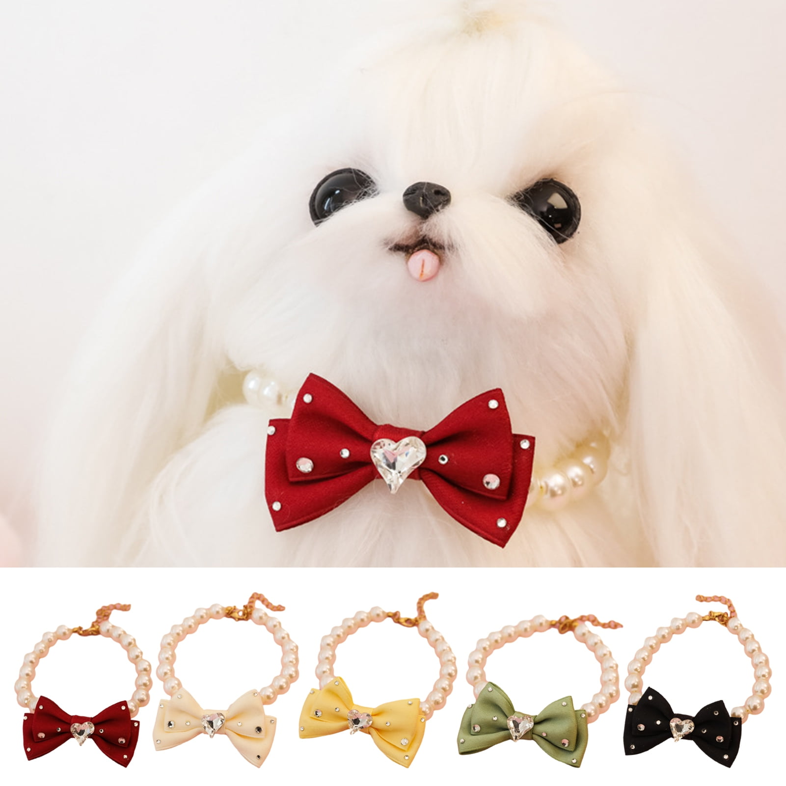BULLPAW Faux Pearl Pet Collar Necklace with Bow for Dogs Cats Fancy Cat ...