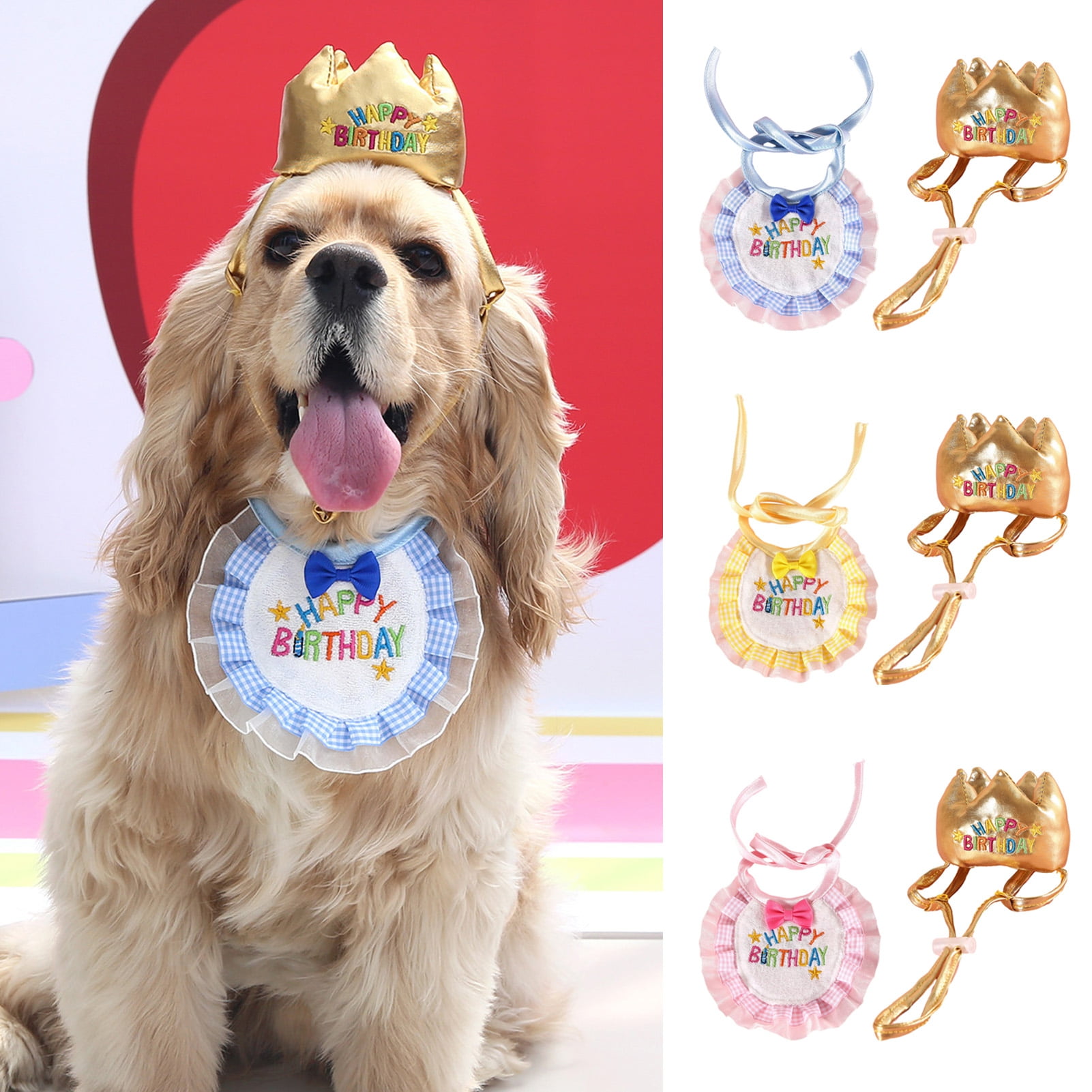 BULLPAW Happy Birthday Pet Crown Hat Scarf Set Dog Birthday Costume ...