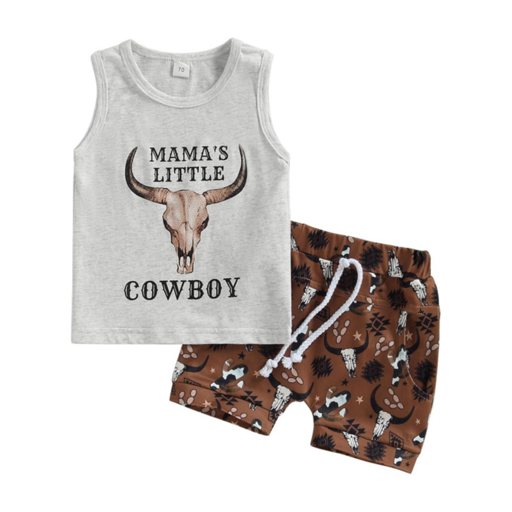 BULLPIANO 0-3Y Baby Boy Western Outfit Toddler Boys Sleeveless Tank Top T-Shirt Cow Print Shorts ...