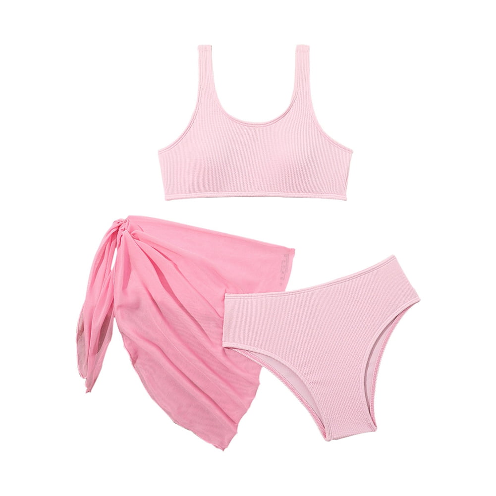 BULLPIANO 7-12Y Girls Swimsuit Girls Bathing Suit 3 Piece Solid ...