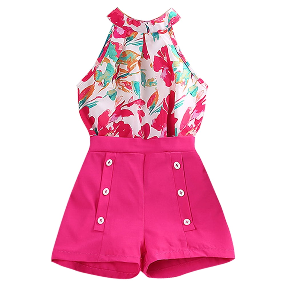 BULLPIANO Girl's 2 Piece Outfit Floral Print Sleeveless Halter Top and ...