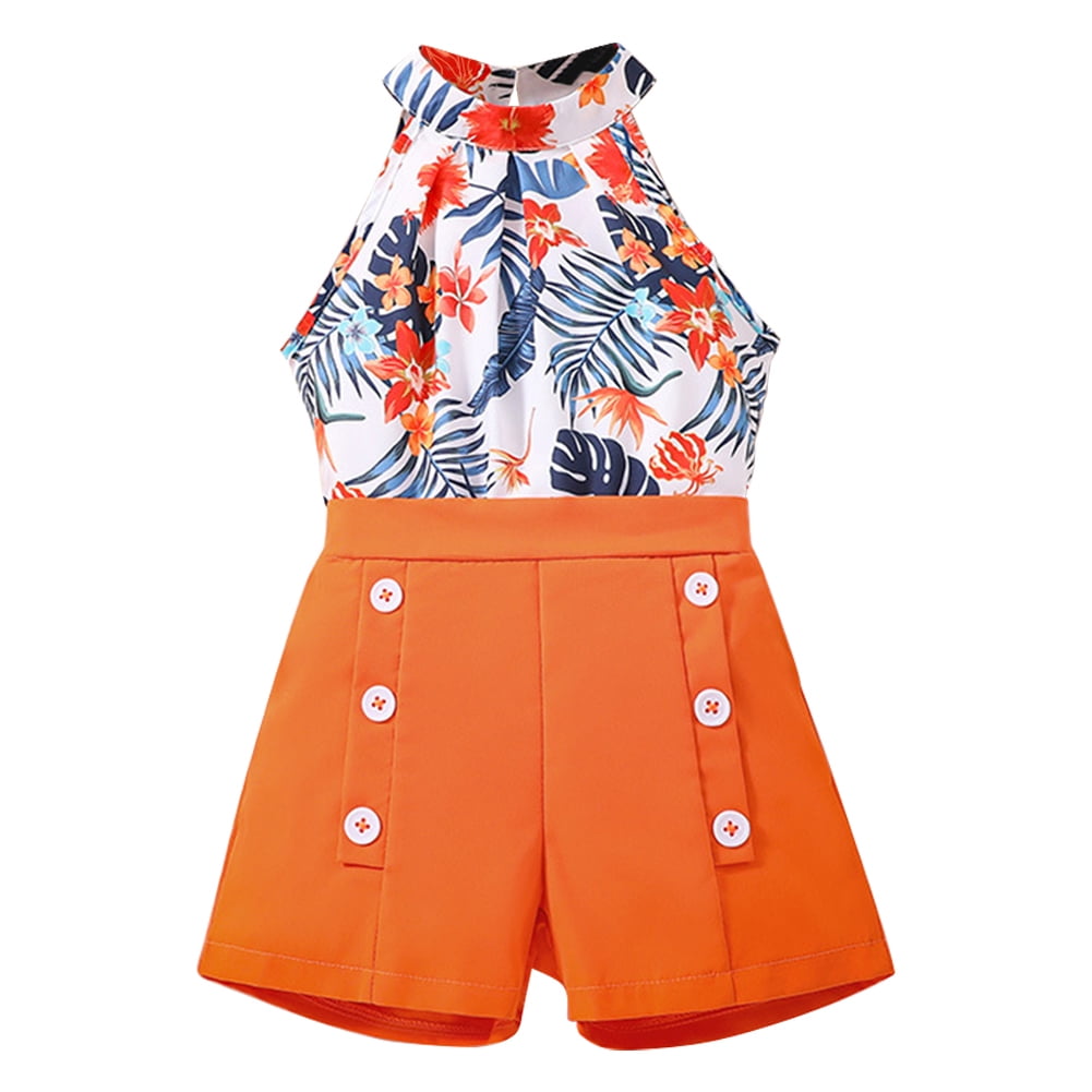 BULLPIANO Girl's 2 Piece Outfits Floral Print Tie Neck Halter Top and ...
