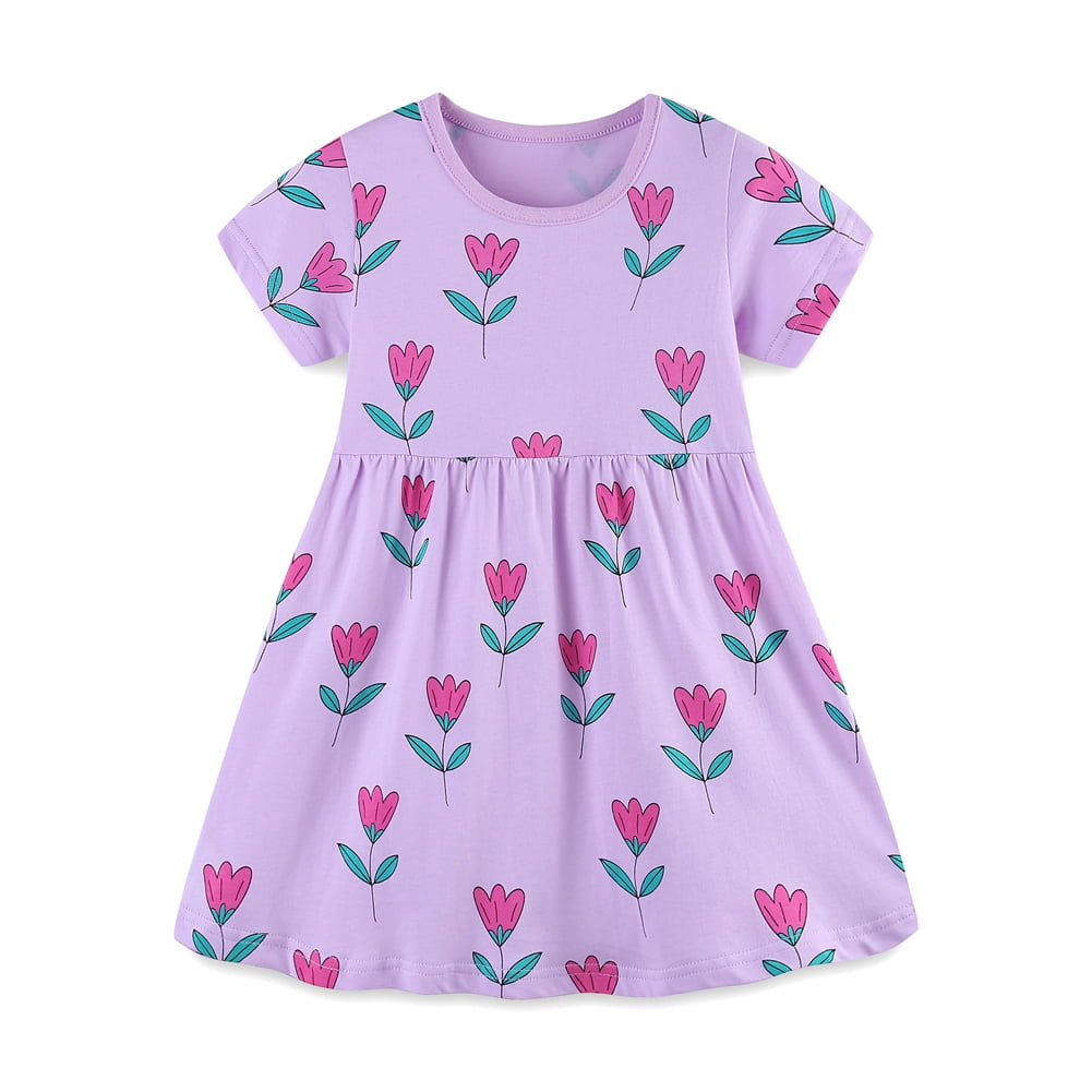 BULLPIANO Girl's Summer Dresses Cotton Short Sleeve Cute Cartoon Midi ...