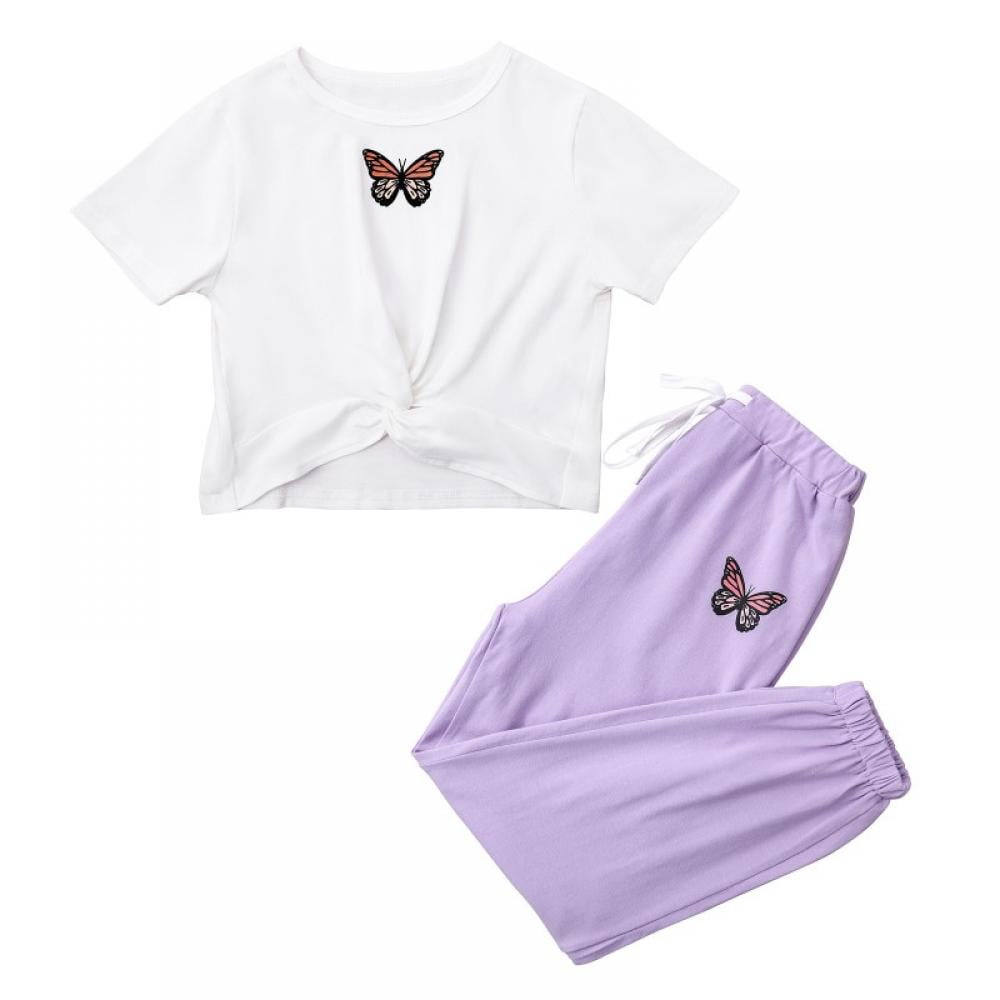 BULLPIANO Girls Clothing Sets Butterfly Print Crop Tops and Pant Set ...