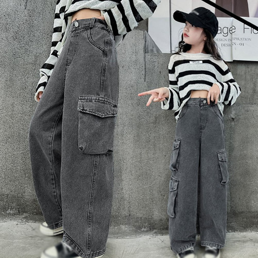 BULLPIANO Girls Jeans Elastic Wasit Wide Leg Pants Kids Jeans Hem Denim ...
