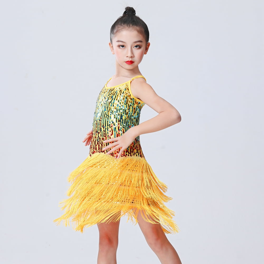 BULLPIANO Girls Sequins Fringe Dress Sparkling Tassel Sleeveless Latin ...