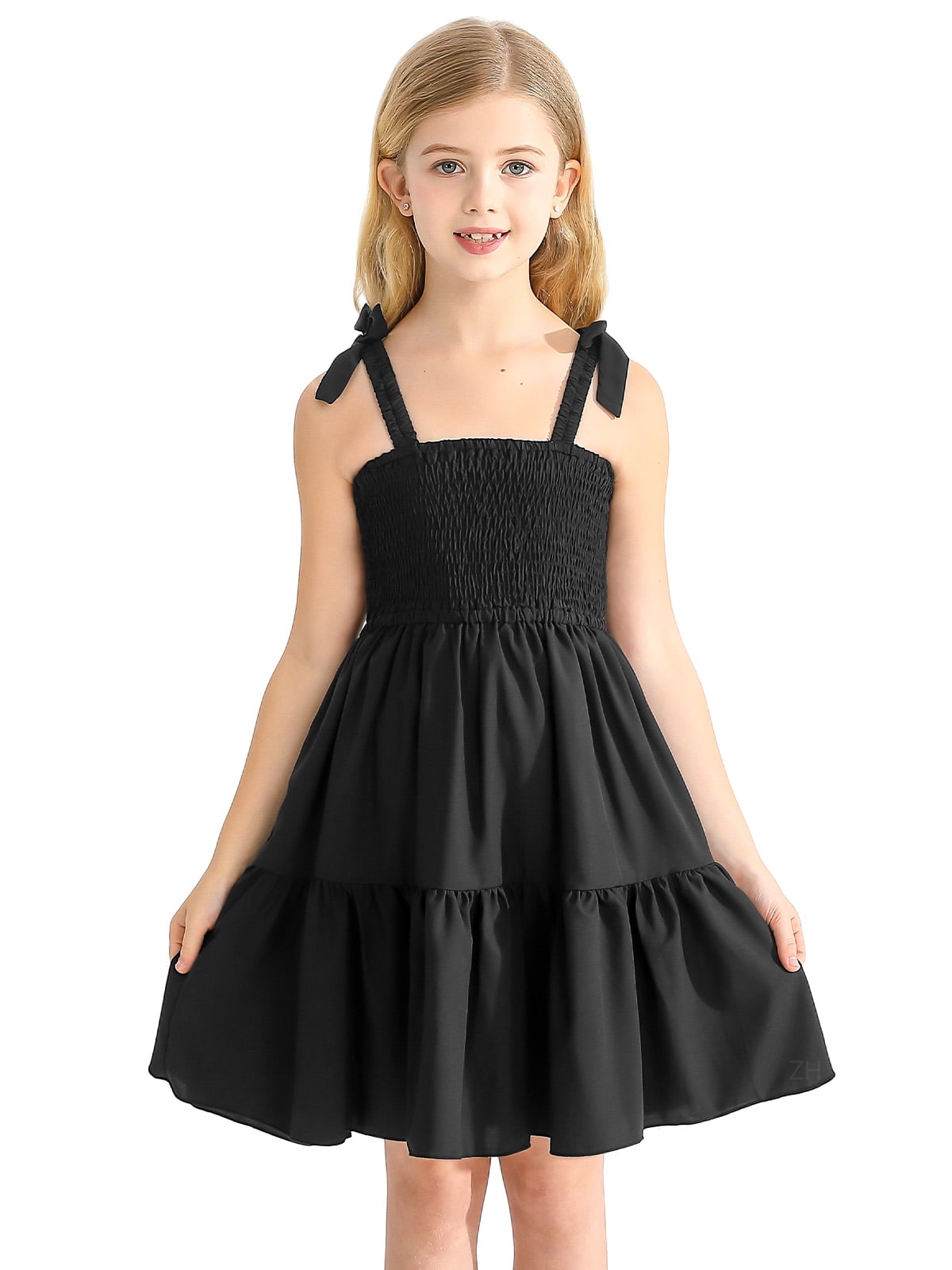 BULLPIANO Girls Solid Color Dress Smocked Elastic Dresses Tie Shoulder ...