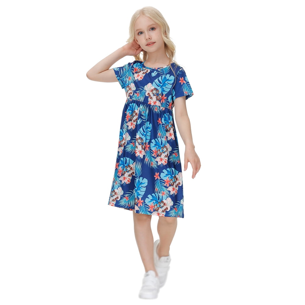 BULLPIANO Girls Summer Dress Short Sleeve Crew Neck Floral Swing Casual ...