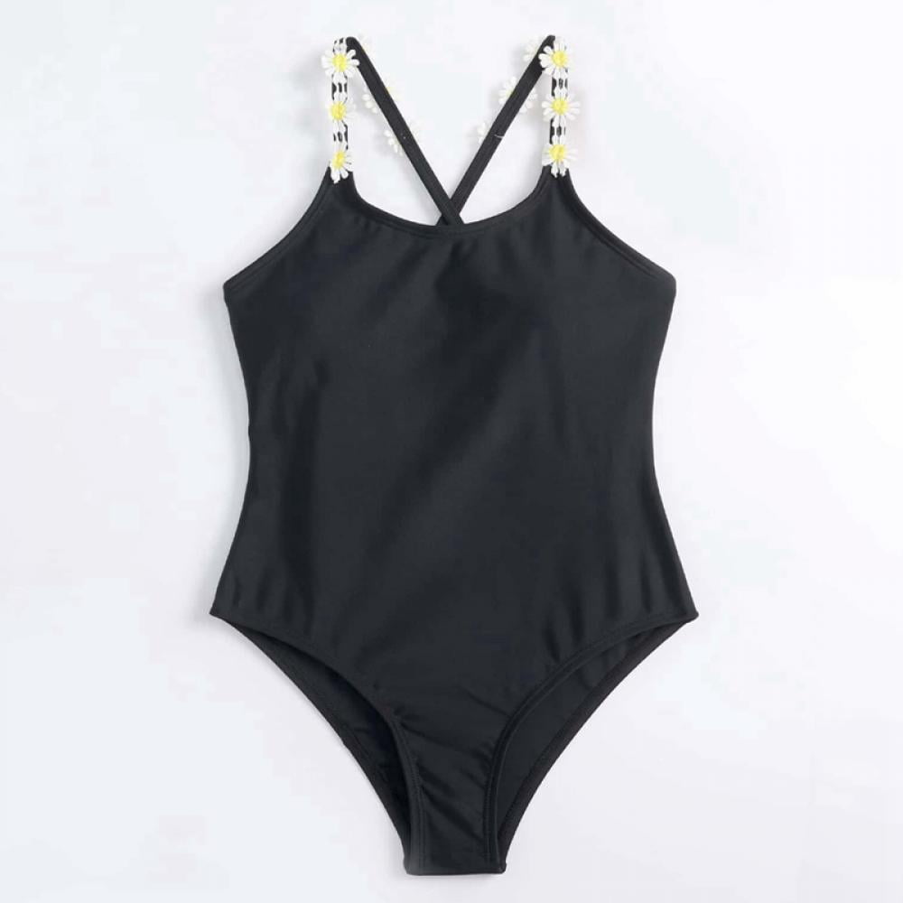 BULLPIANO Girls Swimsuit Black Color Backless Shoulder Swimwear One ...