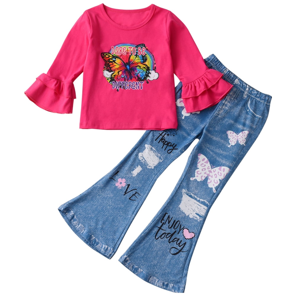 BULLPIANO Toddler Baby Girl Ruffle long Sleeve Top Bell Bottom Pants 2 ...