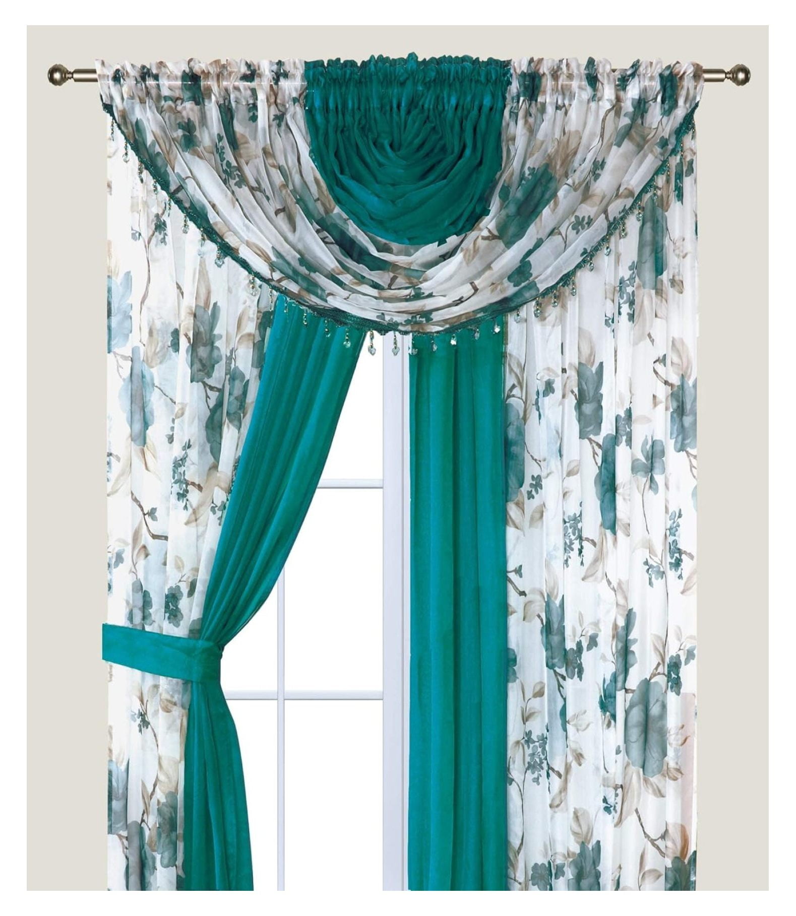 BULYAXIA Complete Window Sheer Two Tone Curtain Panel Set w/Valance and ...