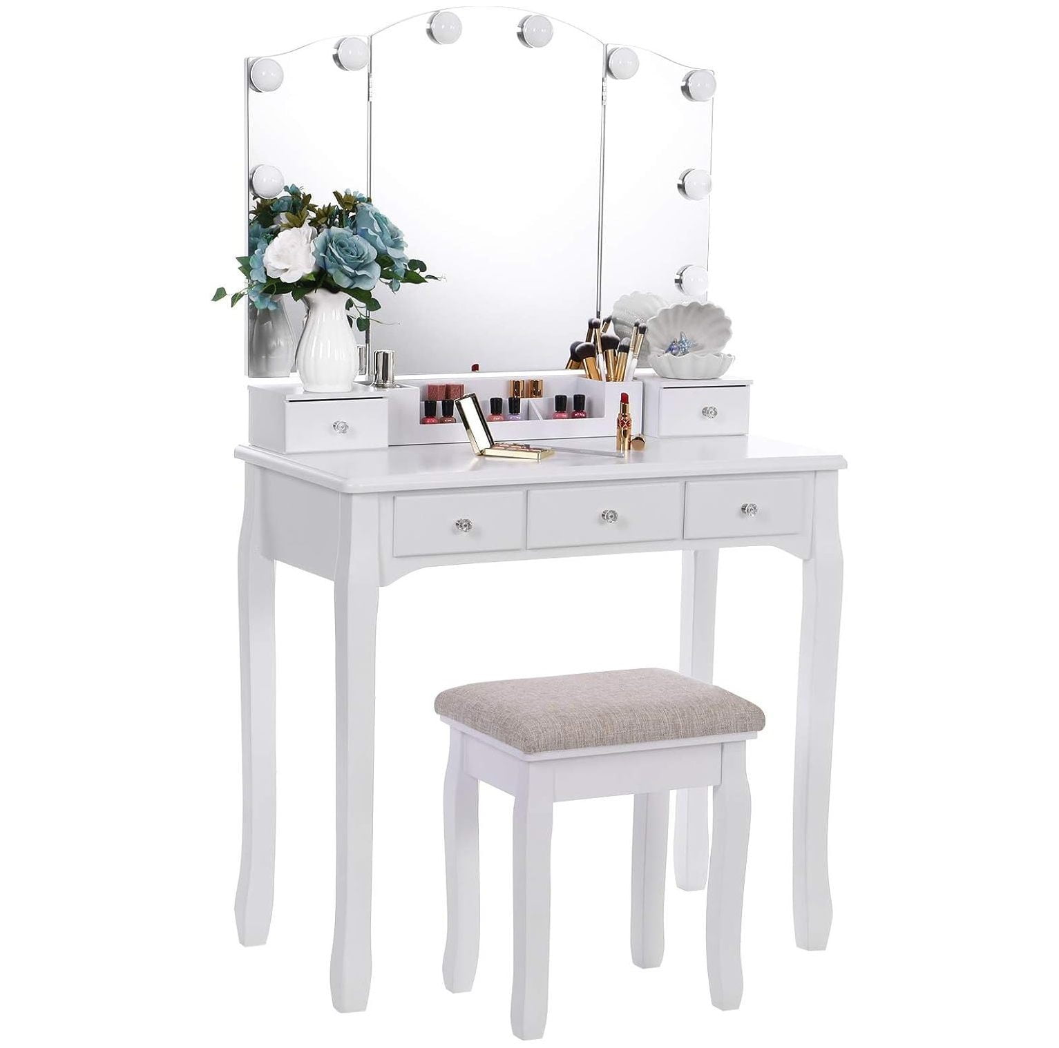BULYAXIA Vanity Set with Lighted Mirror, Makeup Vanity with Tri-Folding ...