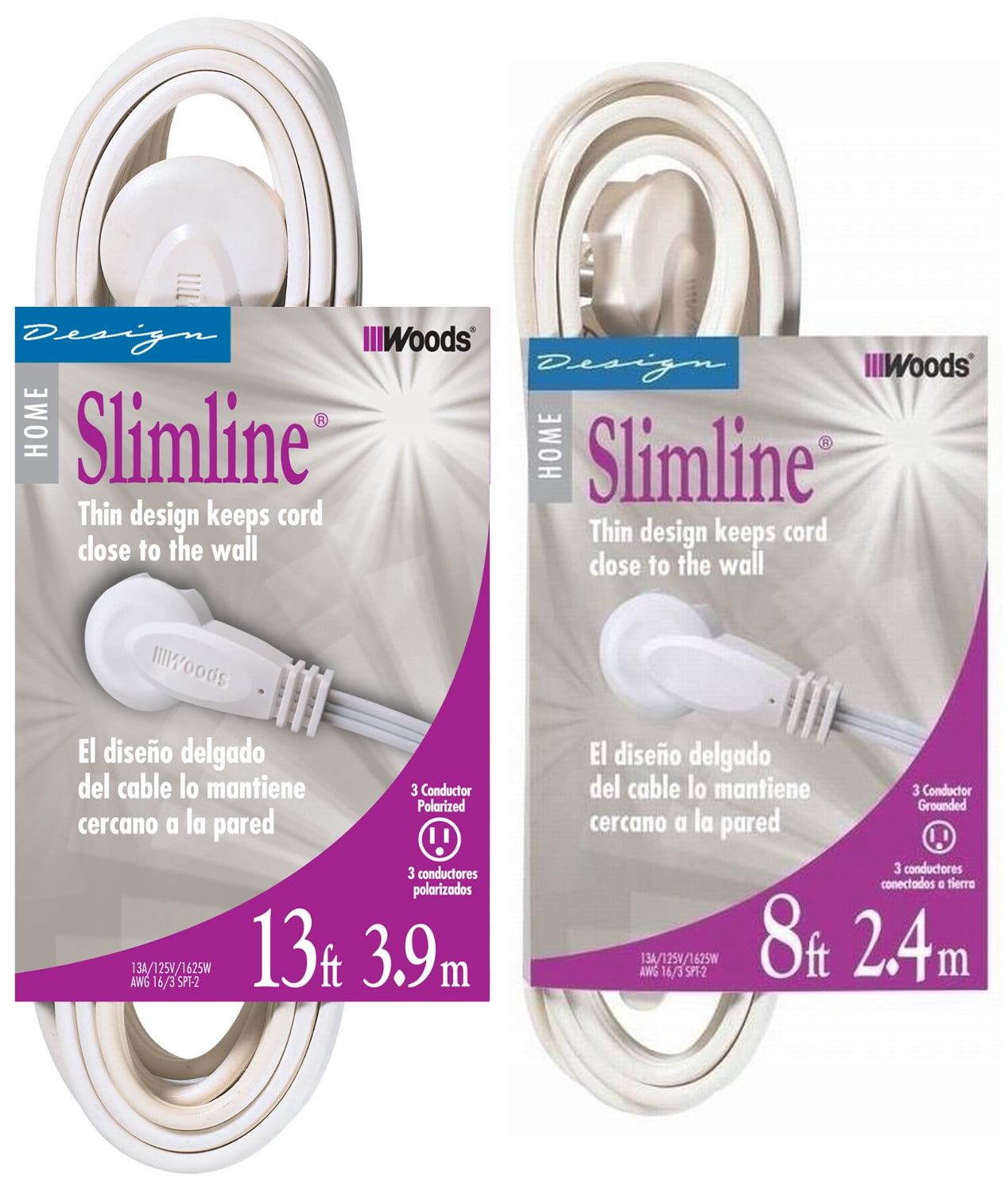 Slimline 16 Gauge 8ft and 13ft White Extension Cord 2-Pack - Walmart.com