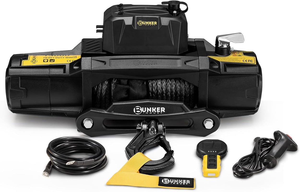 BUNKER INDUST 13000lb Electric Winch 12V Waterproof with Synthetic Rope ...