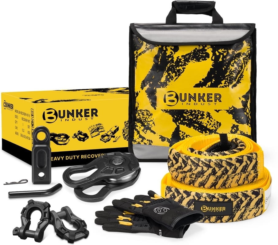 BUNKER INDUST Off Road Recovery Kit with 30ft & 10ft Tow Straps, Snatch ...