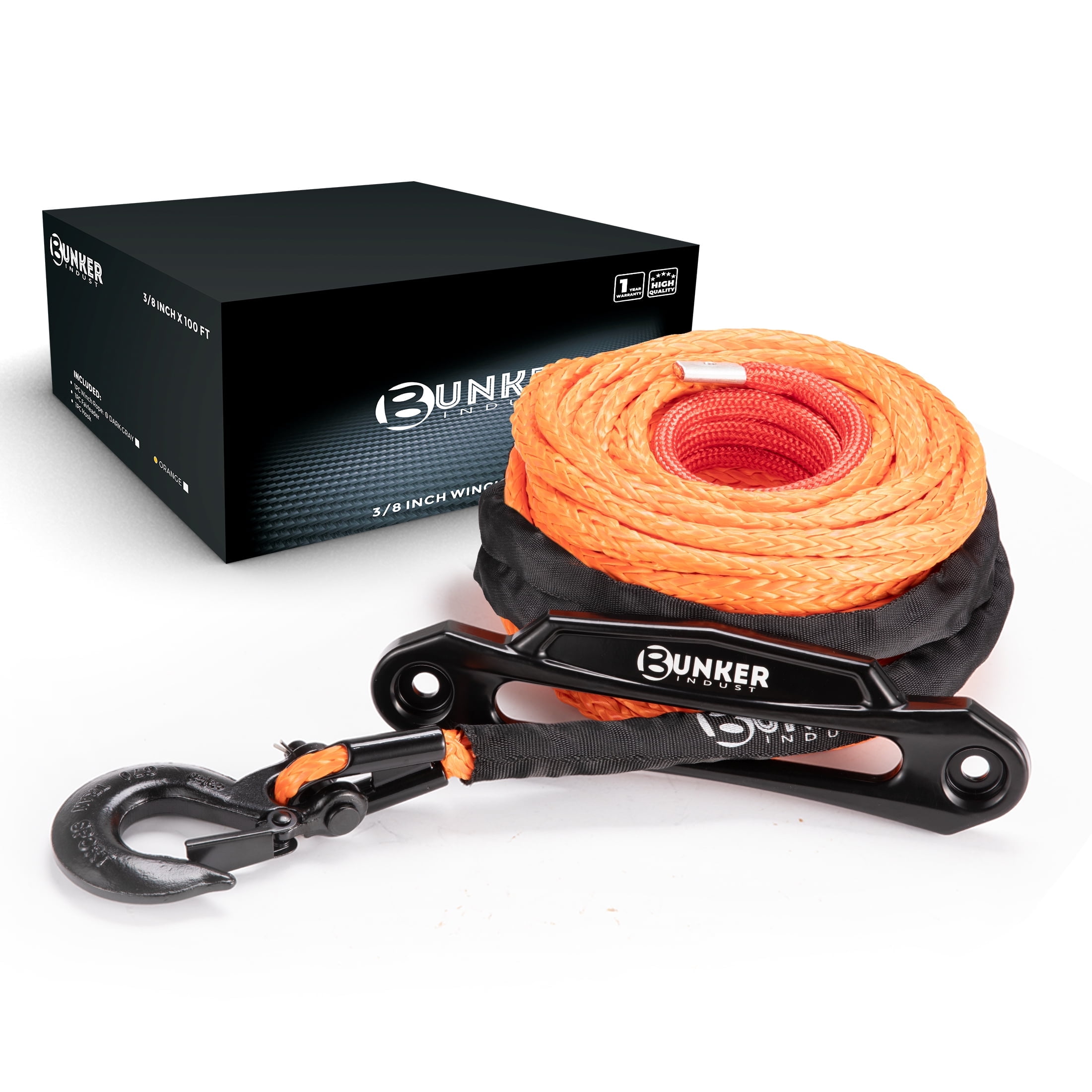 BUNKER INDUST Synthetic Winch Rope Kit,3/8" x 100' 23809LBS Winch Line ...