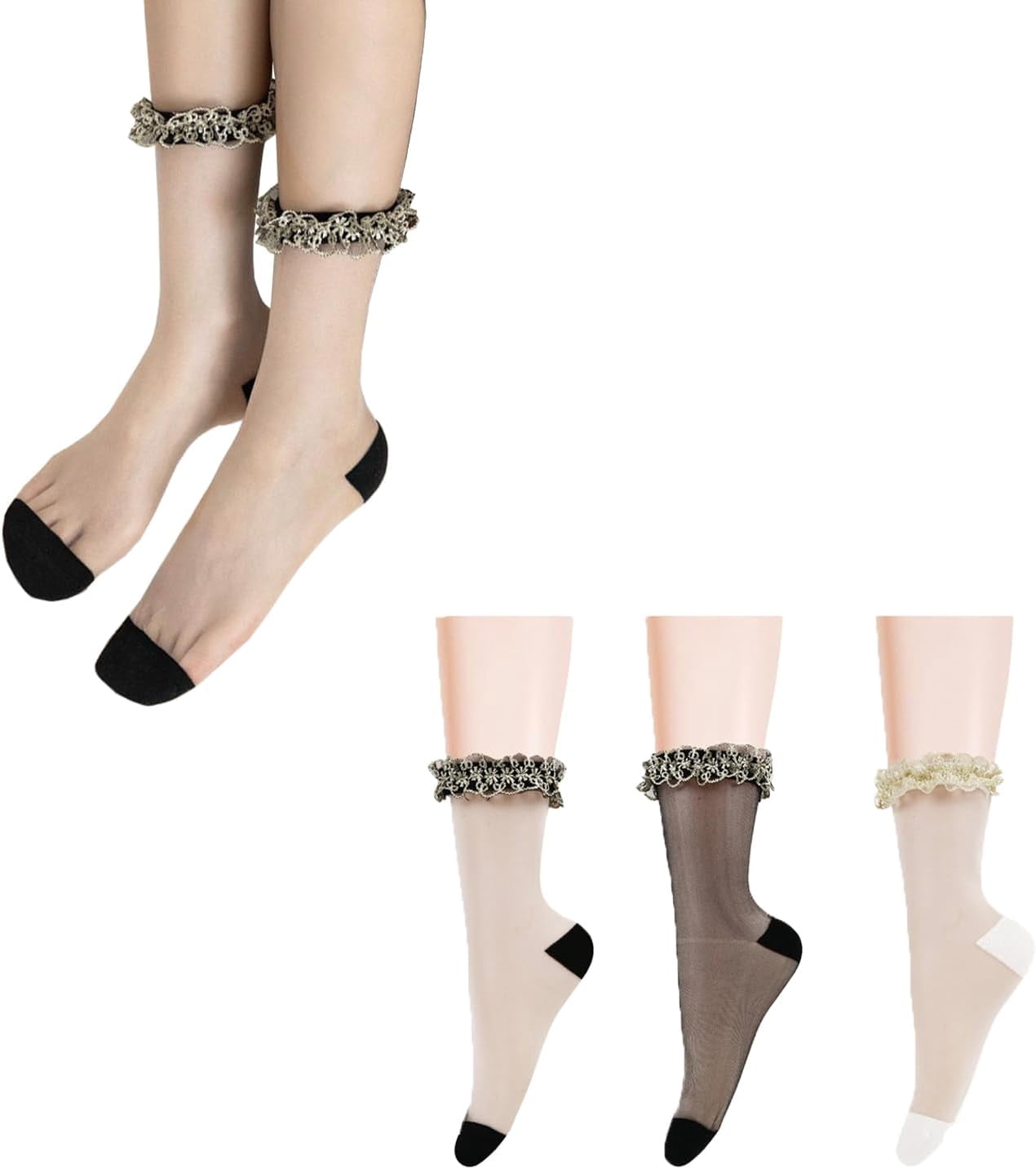 BURIBURI Lace Sheer Mesh Socks for Women Girls UltraThin Transparent ...