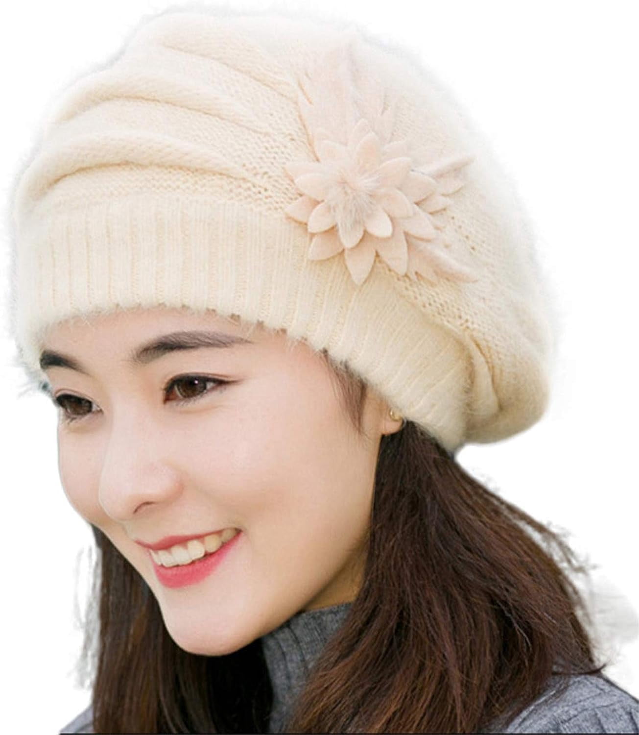 BURIBURI Womens Fall Winter Soft Floral Beanie Hats Chunky Solid Color ...