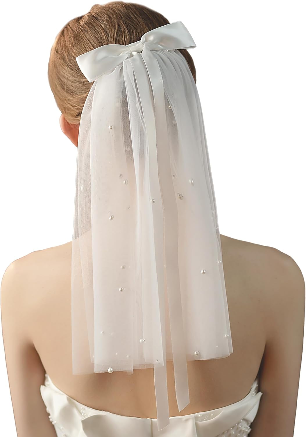 BURIBURIBURIBURI Bow Bridal Veils Double White Layer Pearl with Comb ...